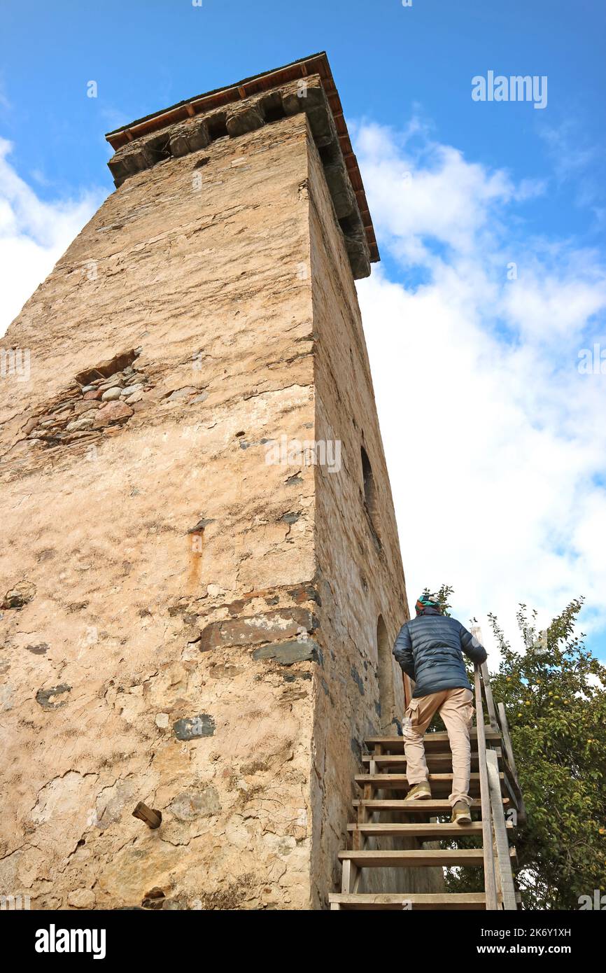 Visitor Climbing Up to the Iconic Medieval Svan Tower, Traditional ...