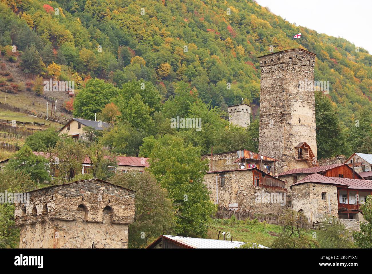 Group of Amazing Ancient Svan Tower-houses among Fall Foliage, UNESCO ...