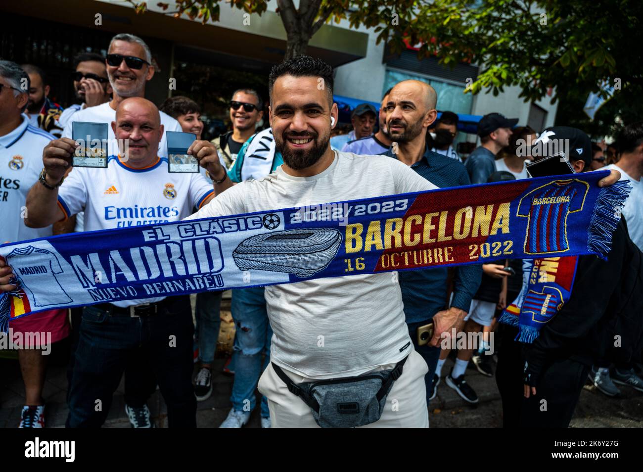Madrid, Spain. 16th Oct, 2022. A Real Madrid fan shows a scarf ahead of ...