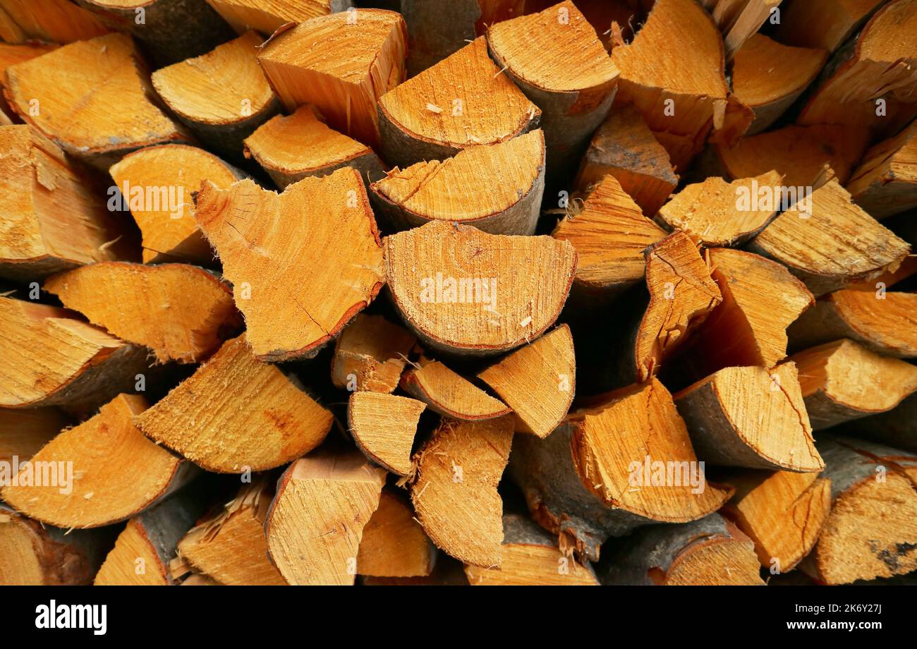 Pile-up cut wood logs in the firewood storage Stock Photo - Alamy