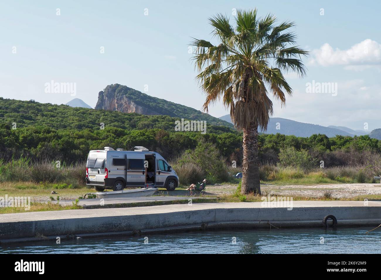 campervan wild camping in idyllic spot near palm tree, Fanari, Karditsa ...