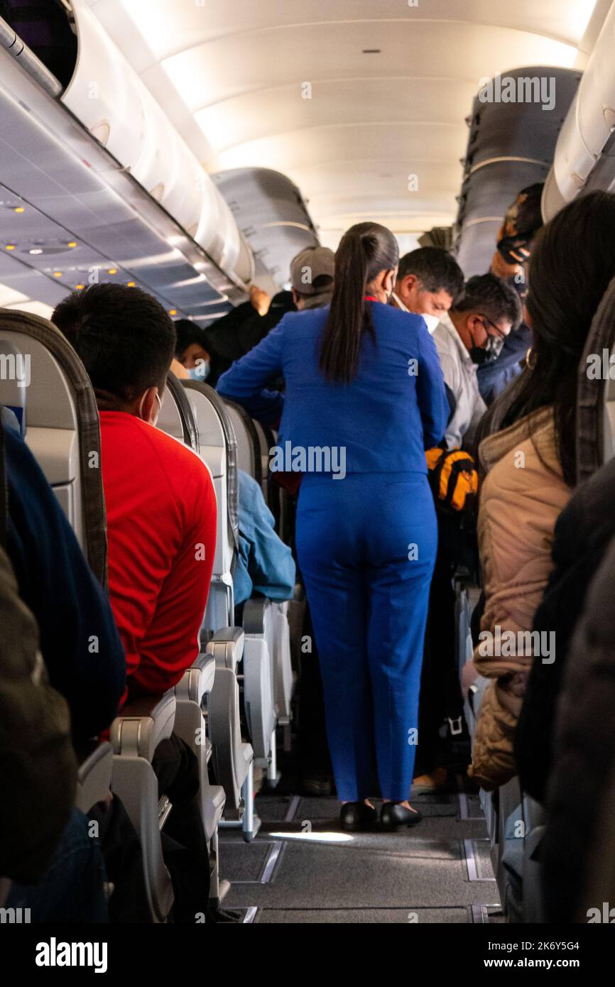 Juliaca, Peru - July 27 2022: Flight Attendant Dressed in Blue Checks ...