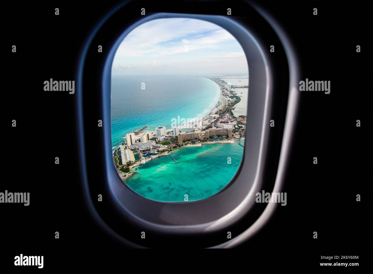 Cancun beach view from jet plane window Stock Photo - Alamy