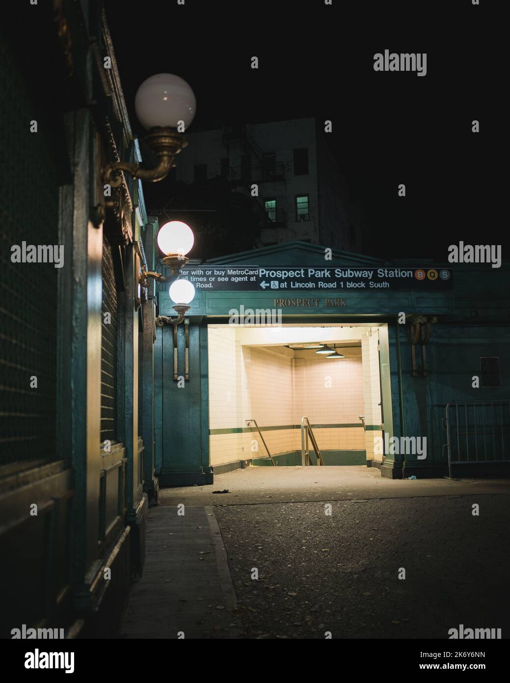 Prospect Park Q station entrance at night, Brooklyn, New York Stock ...