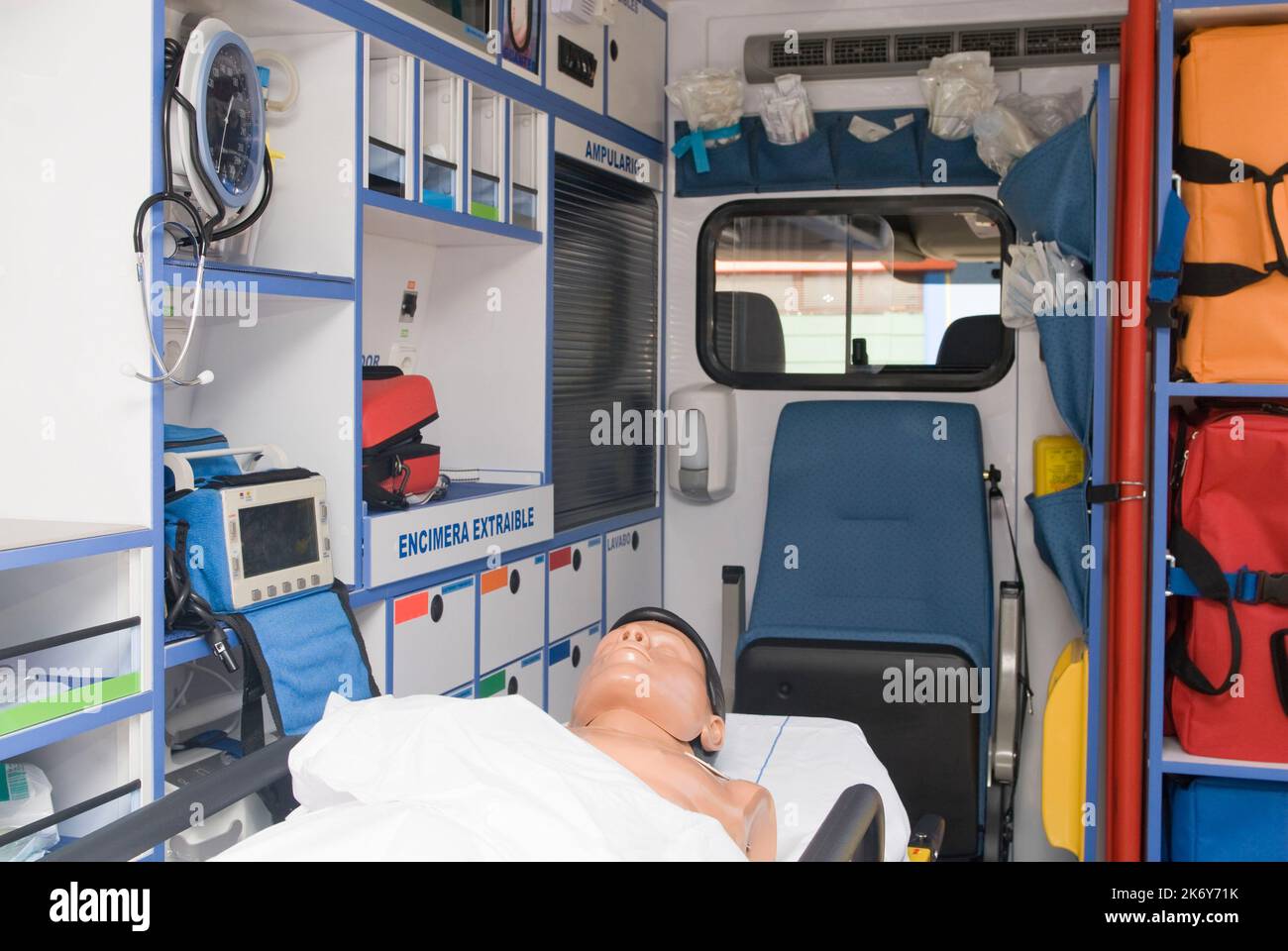 fully equipped ambulance with mannequin for first aid practices Stock ...