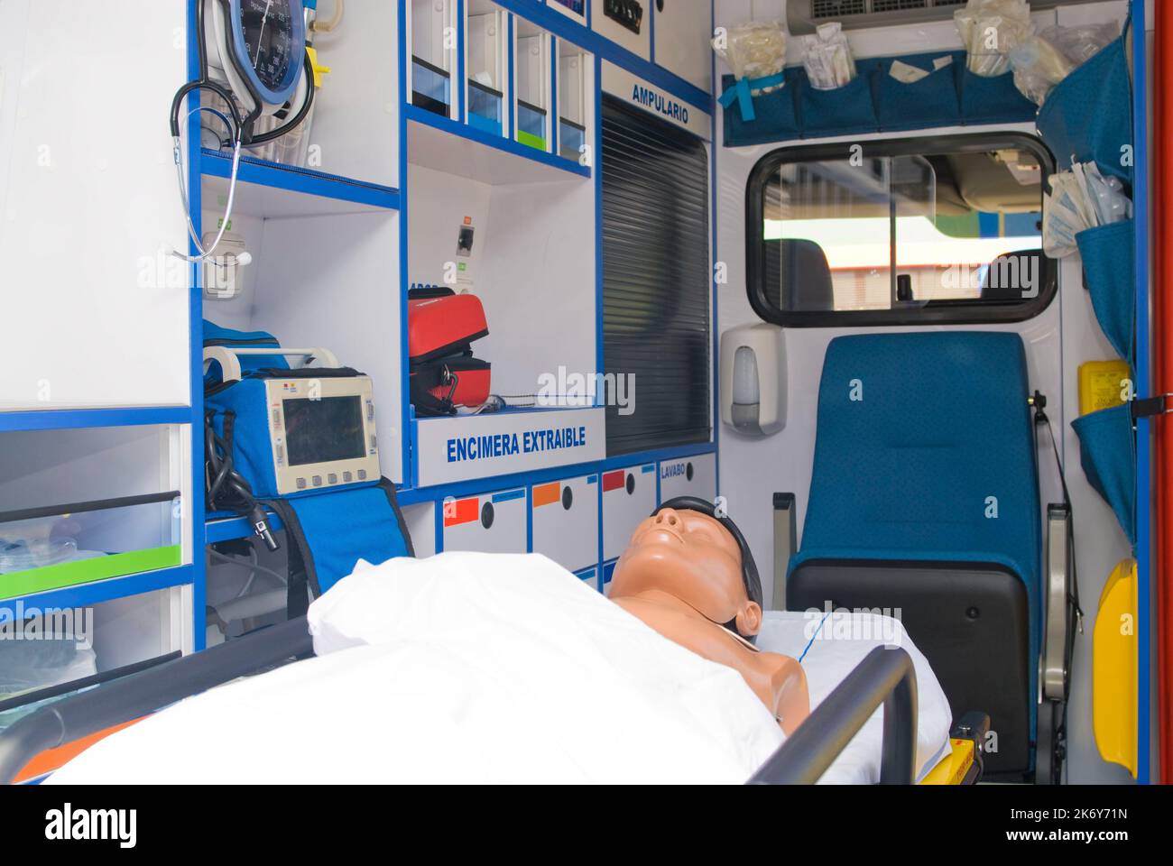 fully equipped ambulance with mannequin for first aid practices Stock ...