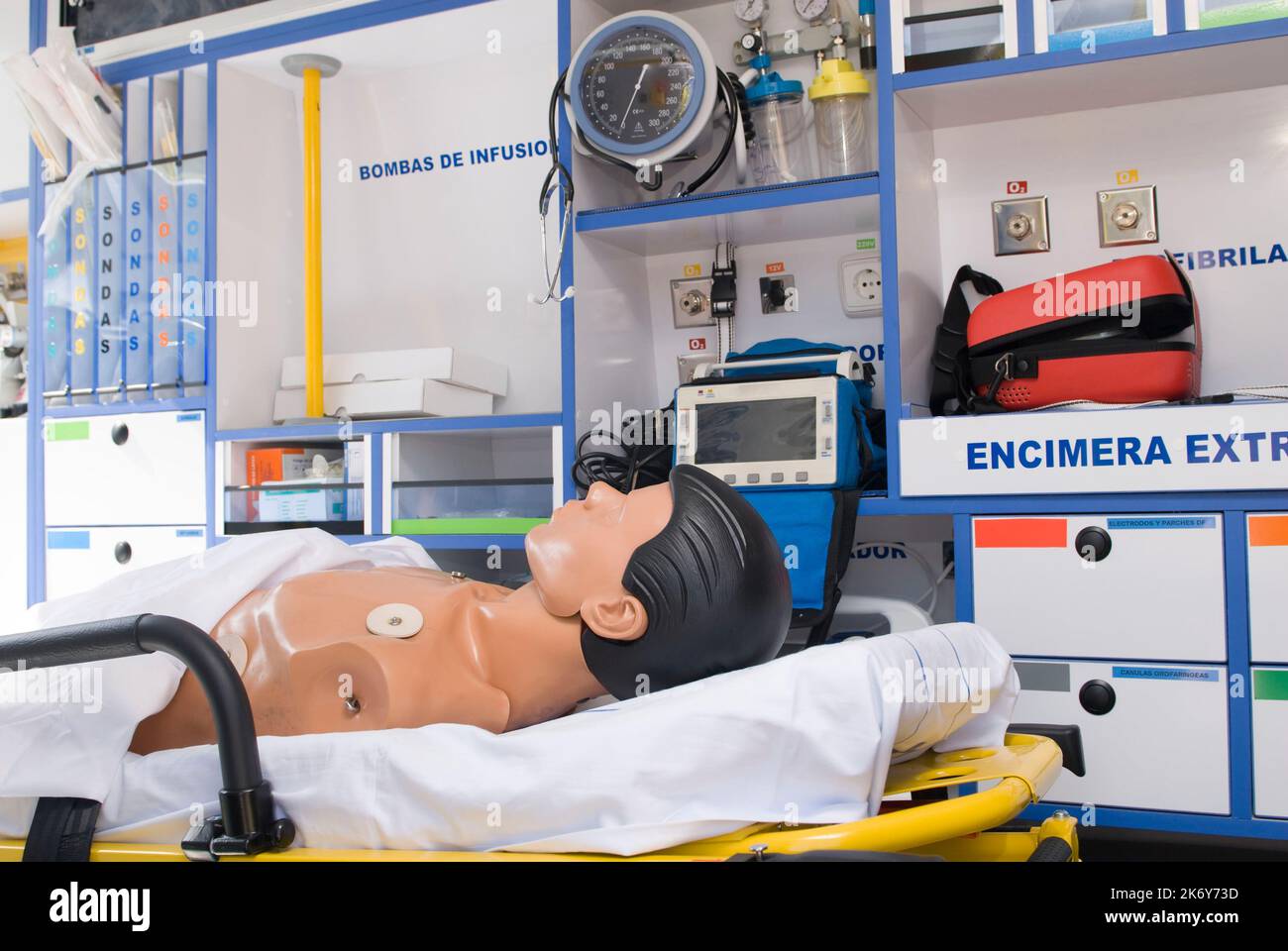 fully equipped ambulance with mannequin for first aid practices Stock ...
