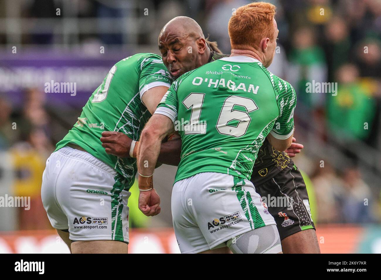 Leeds, UK. 16th Oct, 2022. Michael Lawrence of Jamaica is tackled by ...