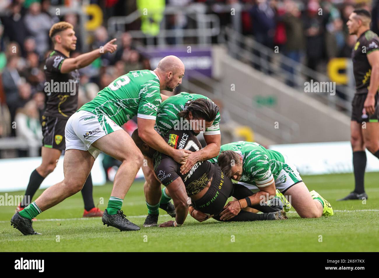 Leeds, UK. 16th Oct, 2022. Michael Lawrence of Jamaica is tackled by ...