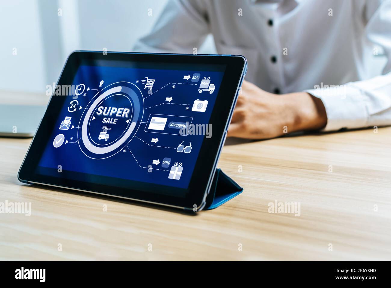 Super Sale. mobile smart tablet display with shopping online icon ...