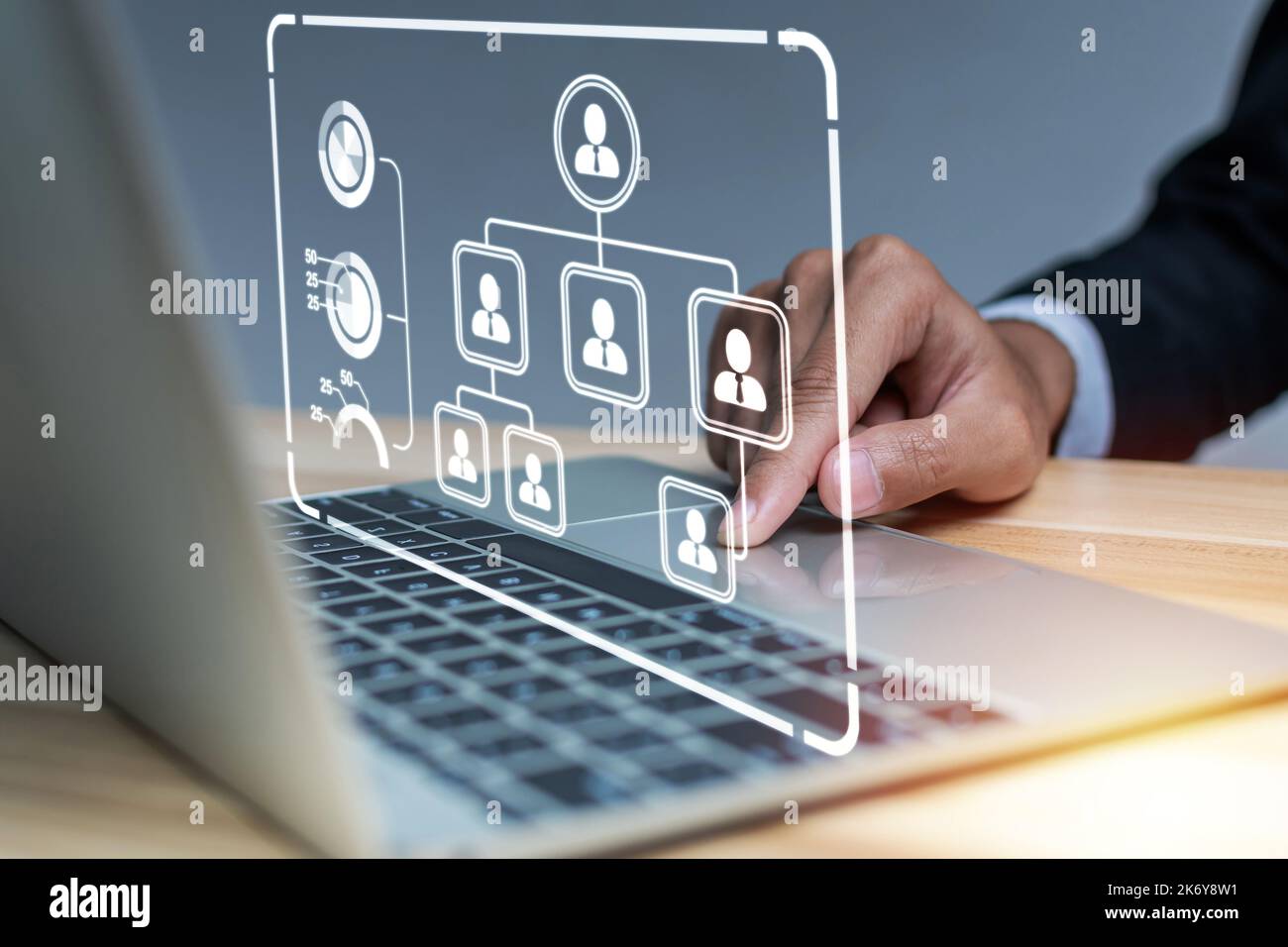 businessman hand touching on laptop computer with digital business ...