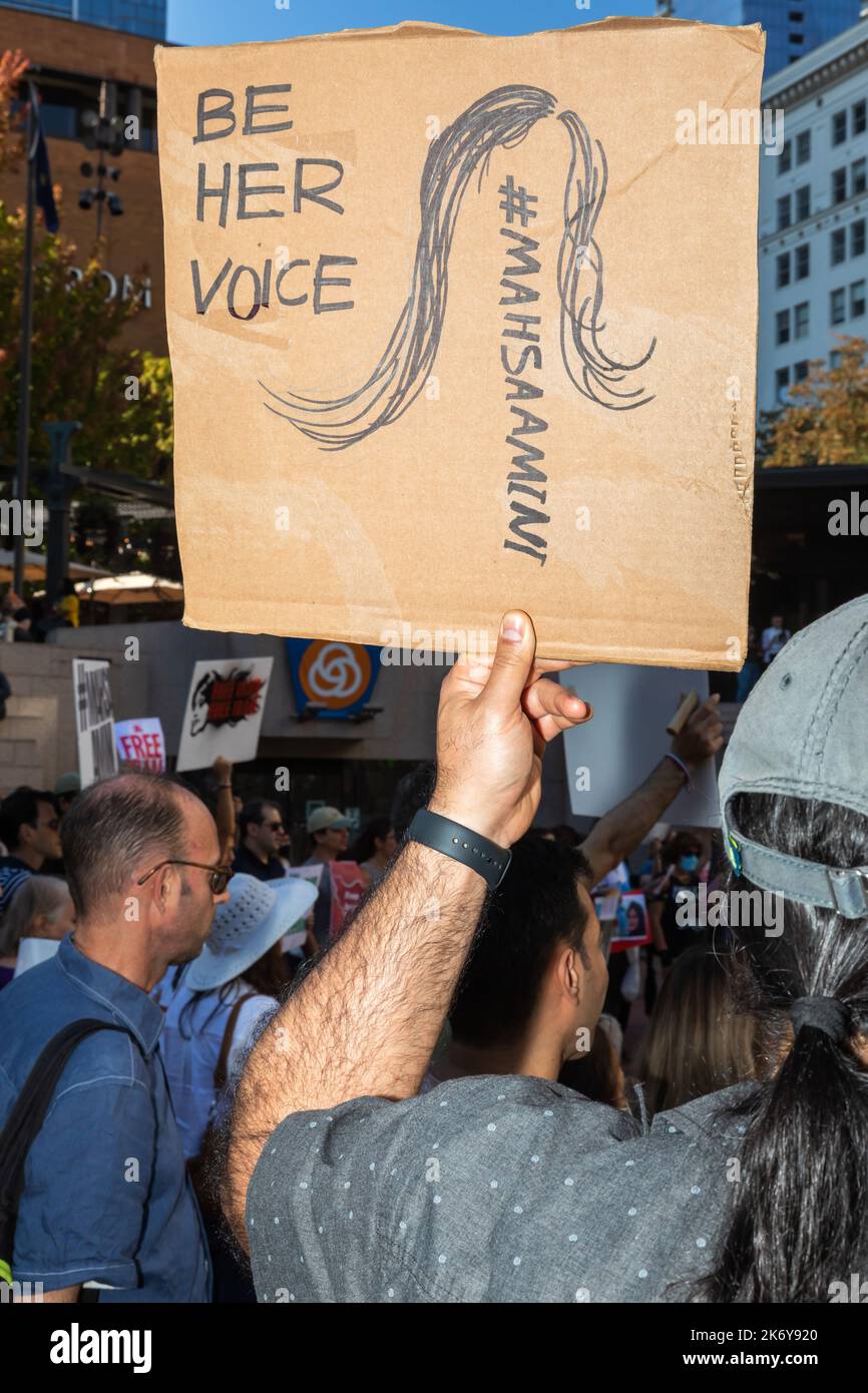 Portland, United States. 15th Oct, 2022. Protester holds a placard with ...