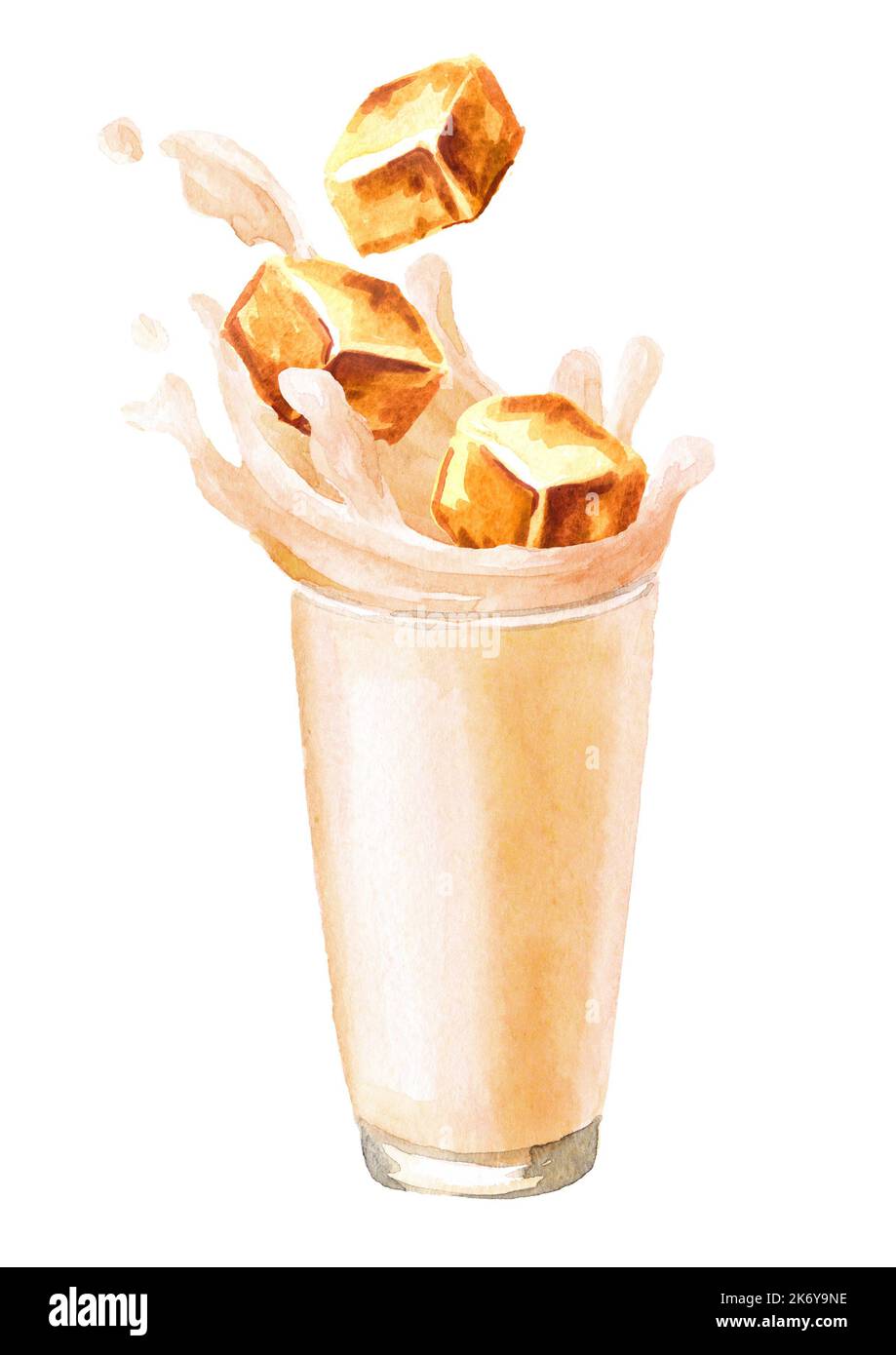 Glass with splash. Caramel milk, yogurt, milkshake. Hand drawn ...