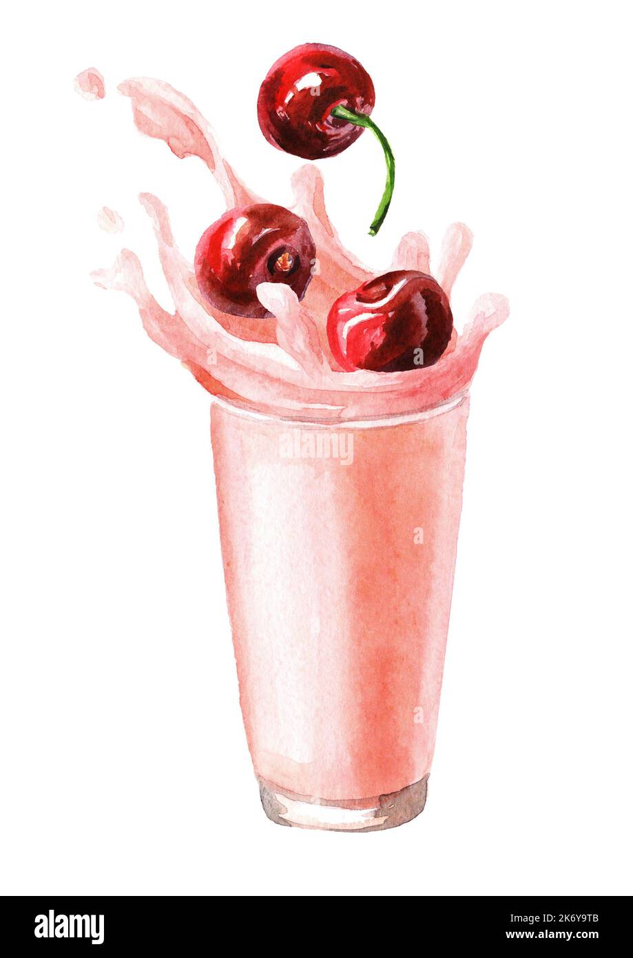 Glass with splash. Fruit cherry milk, yogurt, milkshake. Hand drawn ...