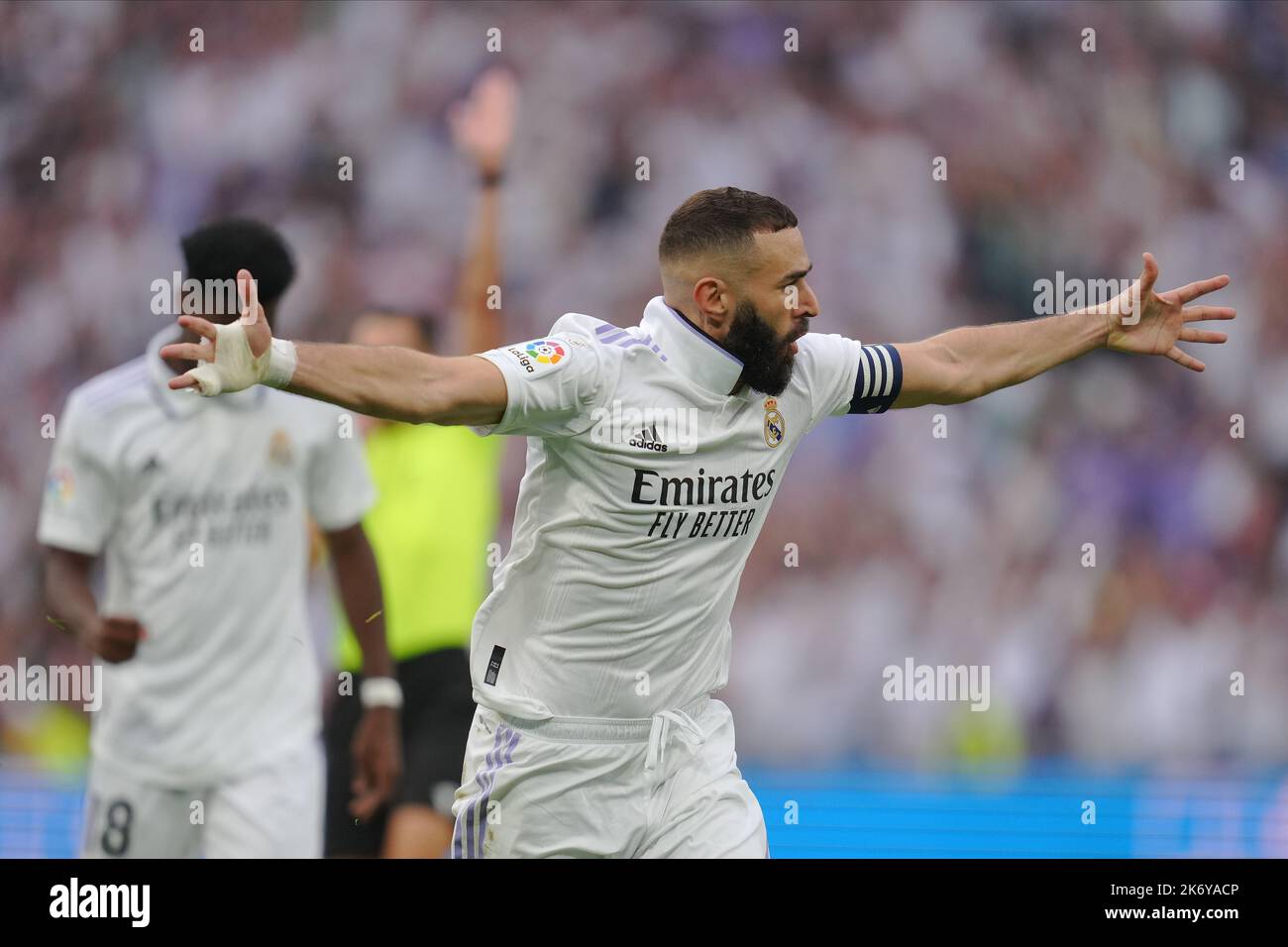 Karim Benzema of Real Madrid celebrates after scoring the 2-0 during ...