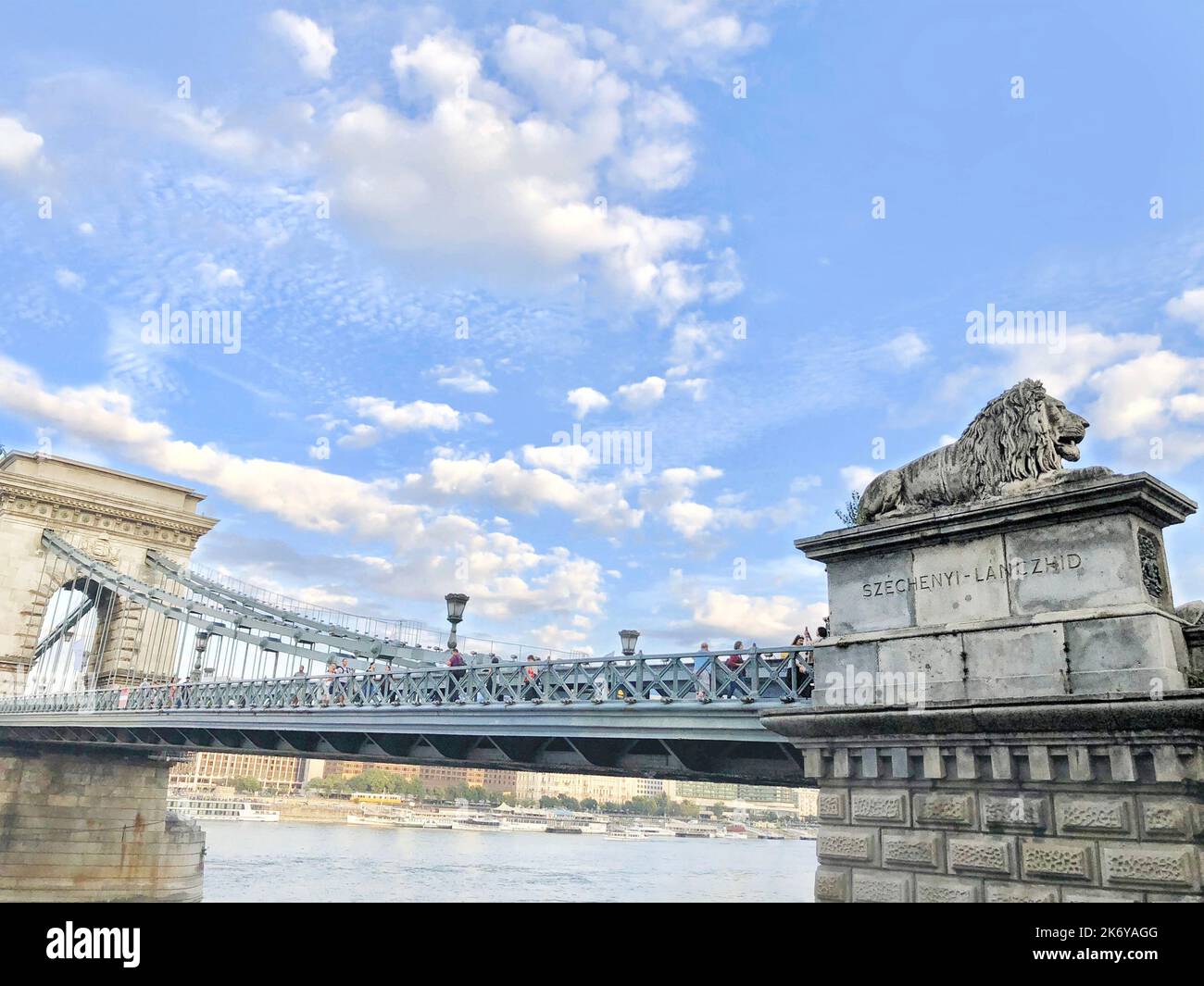 Lion sculpture on the Széchenyi Chain Bridge. A chain bridge that spans ...