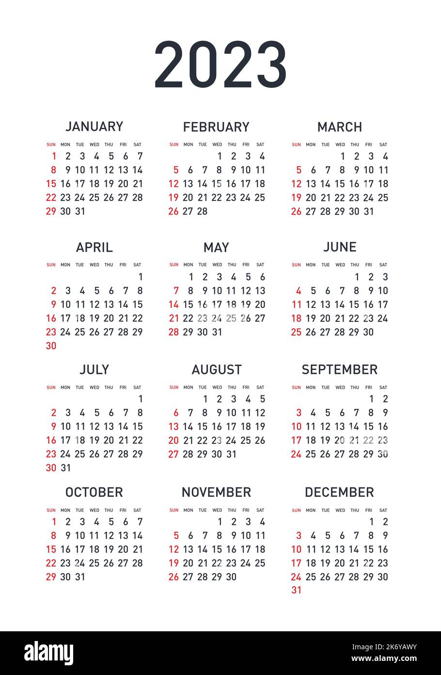 Calendar 2023 year. Black and white vector template. Week starts on ...