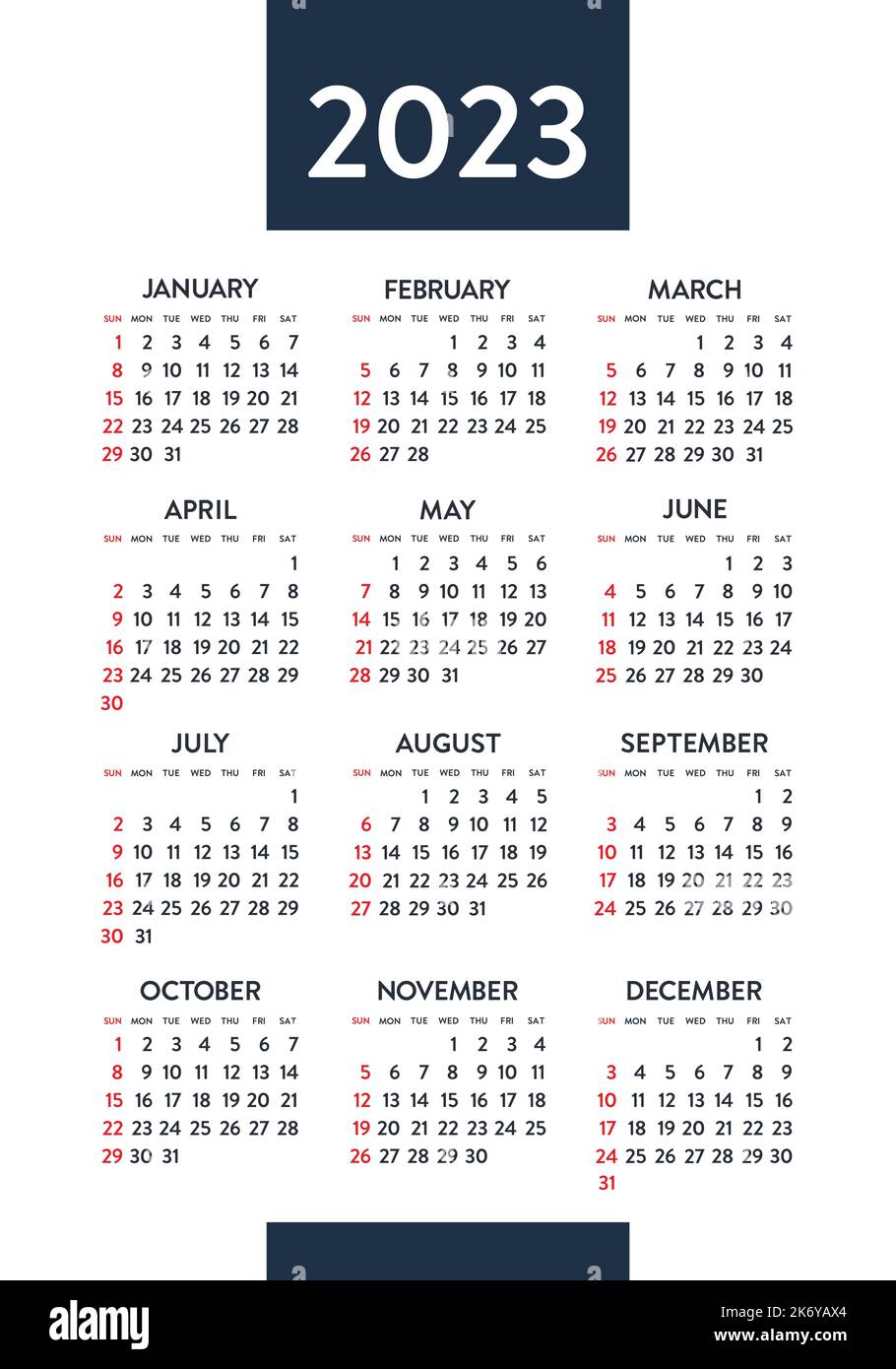 Calendar 2023 year. Black and white vector template. Week starts on ...