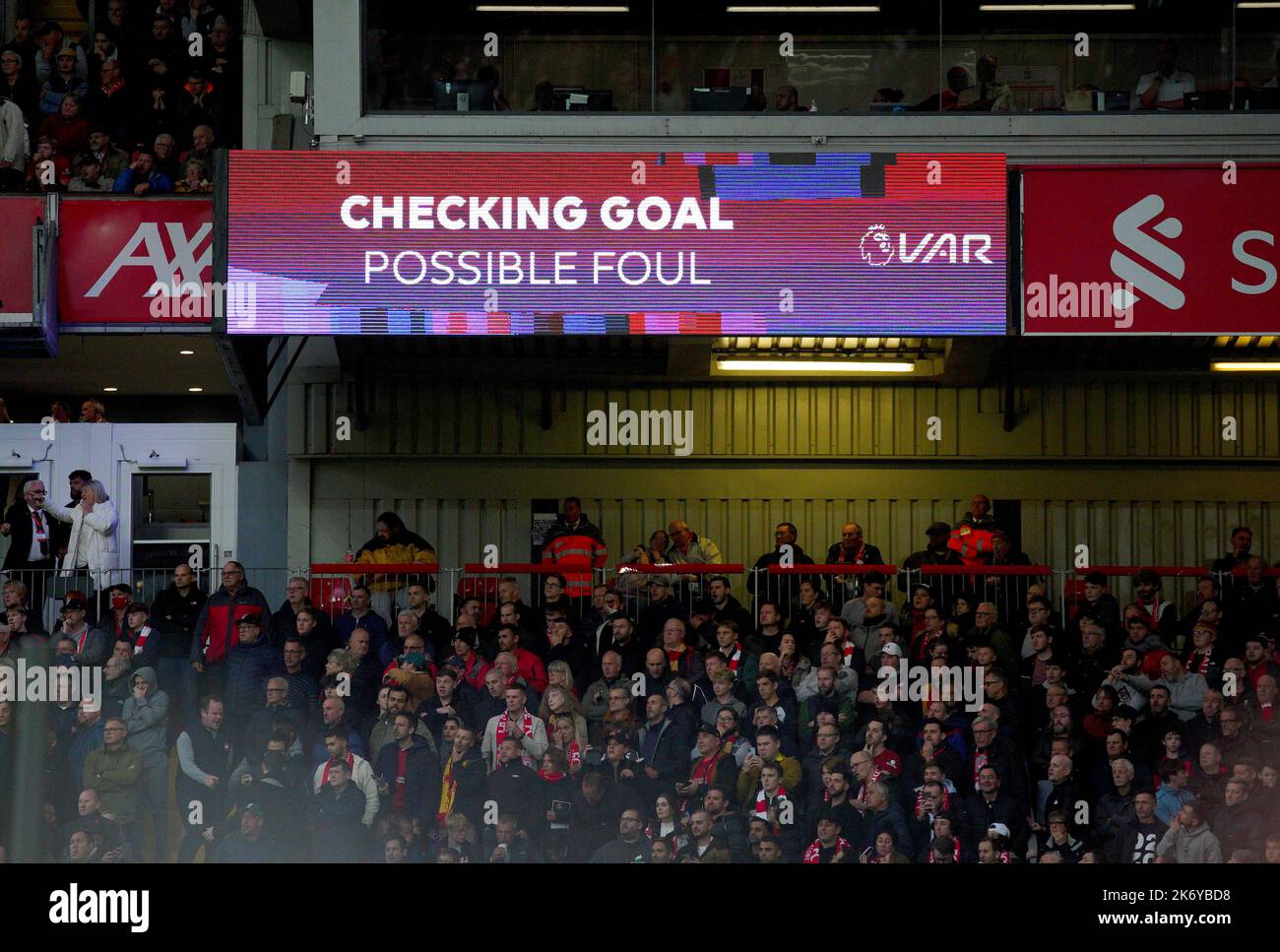 VAR is checked during the Premier League match at Anfield, Liverpool ...