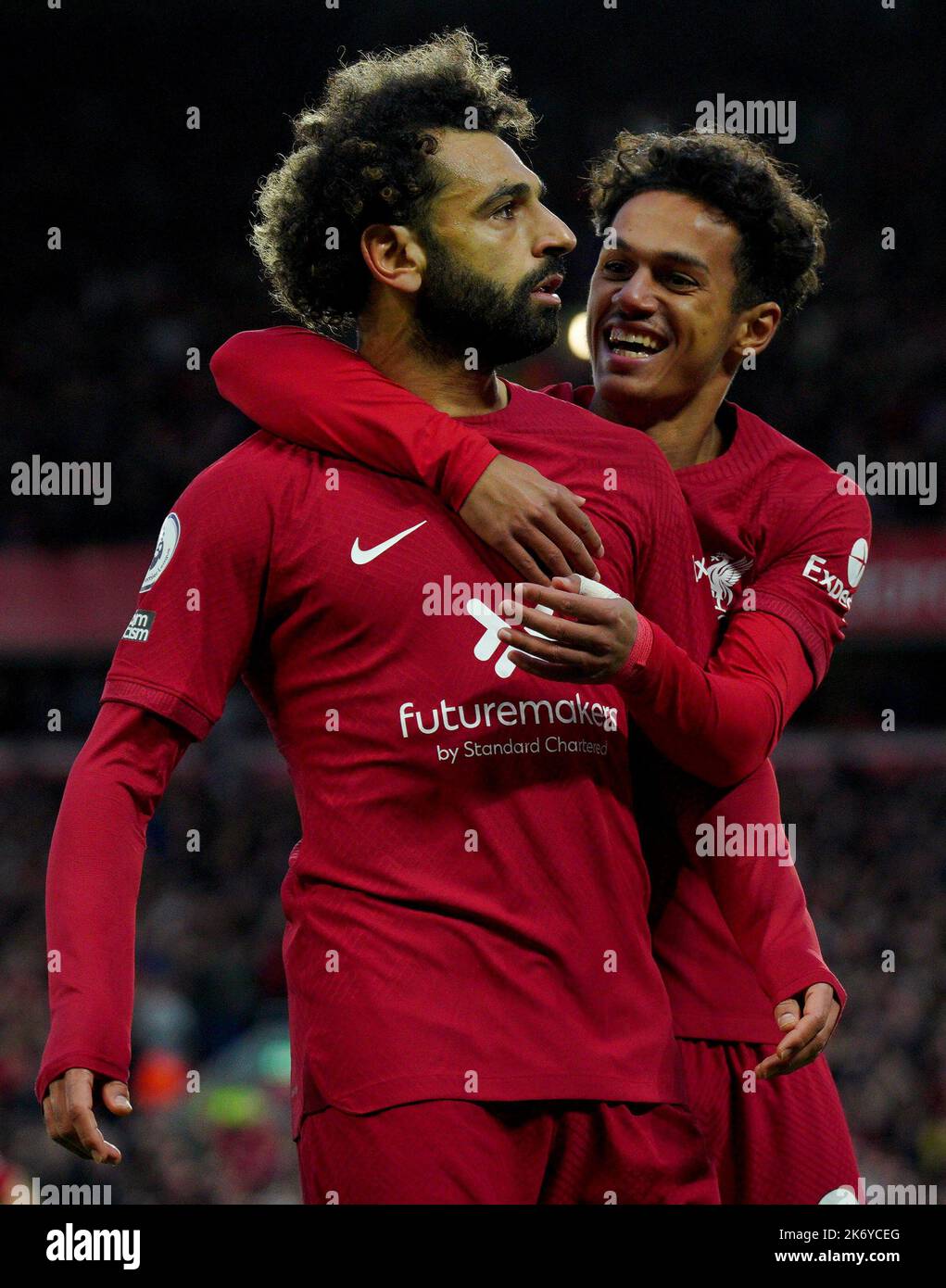 Liverpool's Mohamed Salah celebrates scoring the opening goal during ...