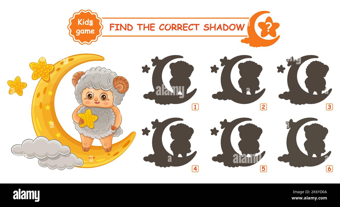 Cute ram, farm lamb, aries on sky, find correct shadow. Education match ...