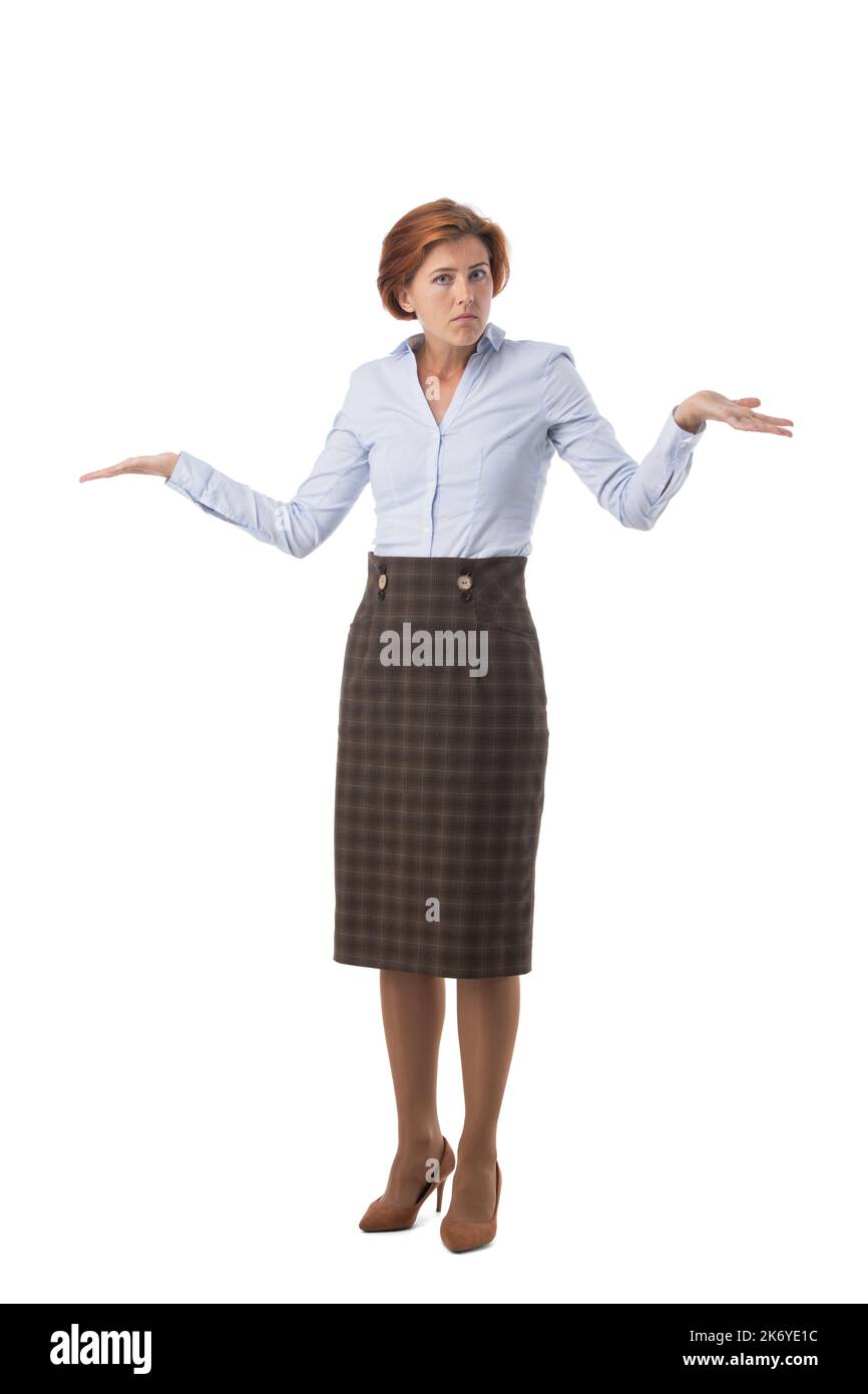 Full length portrait of confused clueless fruastrated business woman ...