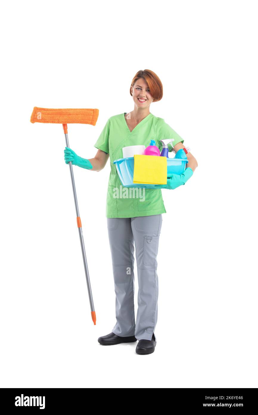 Full length portrait of professional cleaner woman holding box with ...