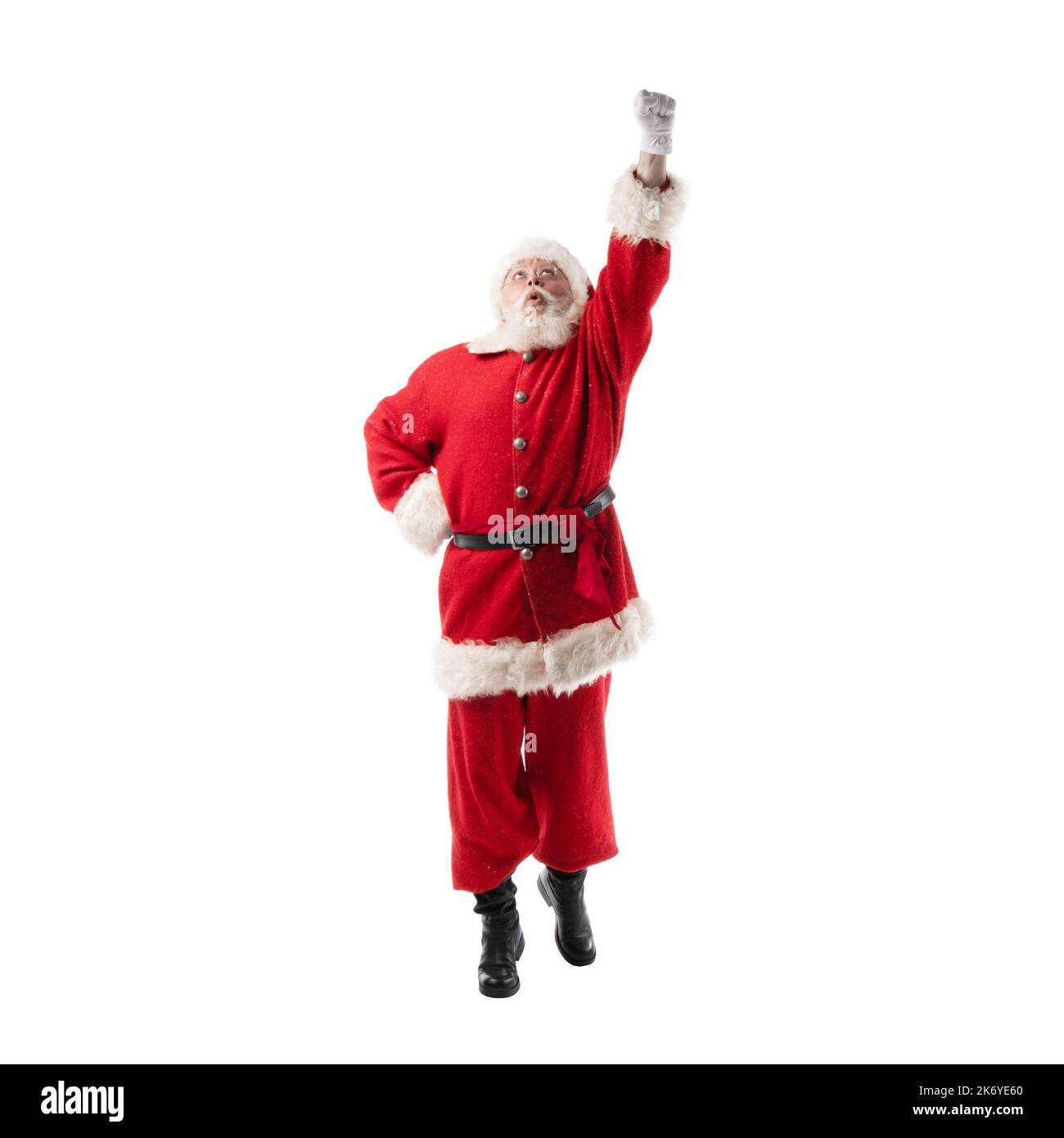 Full length size photo of Santa Claus flying up with arms raised ...