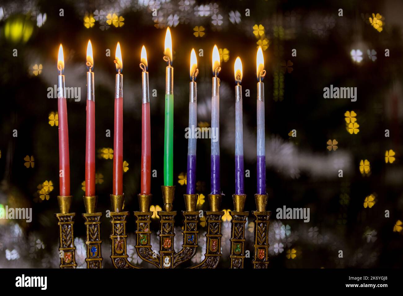 Hanukkiah Menorah in lit bokeh blurred with candles burning Jewish ...