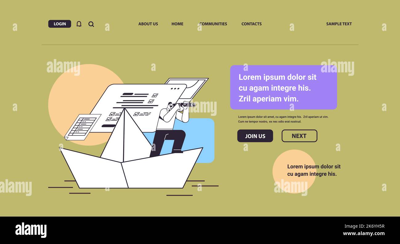 businessman with binoculars floating on paper boat looking for ... businessman with binoculars floating on paper boat looking for ...