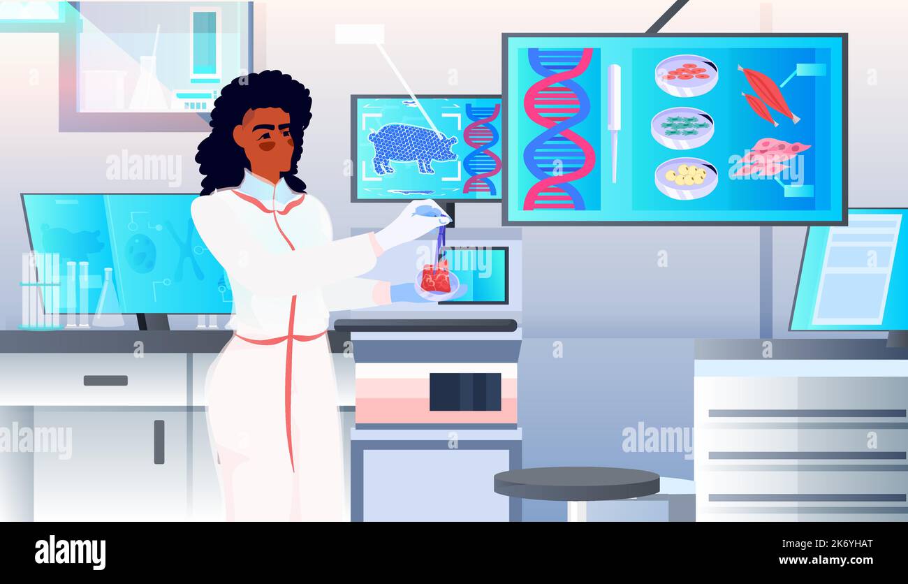 scientist holding cultured red raw pork made from animal cells ...
