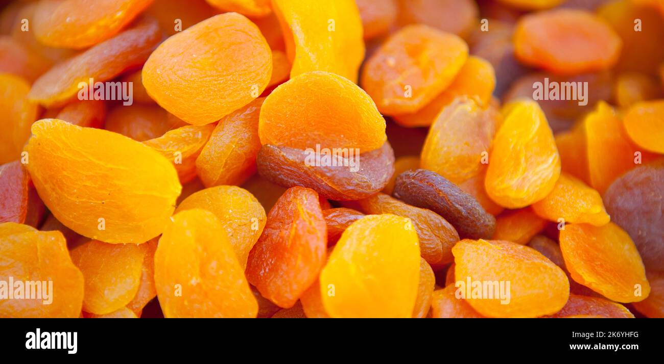 Orejones or dried apricots. Displayed at street market stall. Long ...