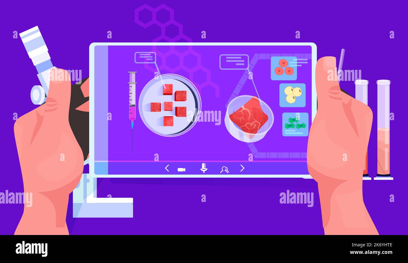 scientist analyzing cultured red raw meat on tablet pc screen ...