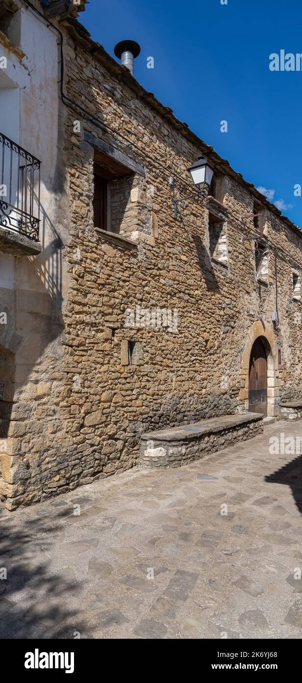 stone built walls and buildings of a typical Spanish Pyrenees village ...