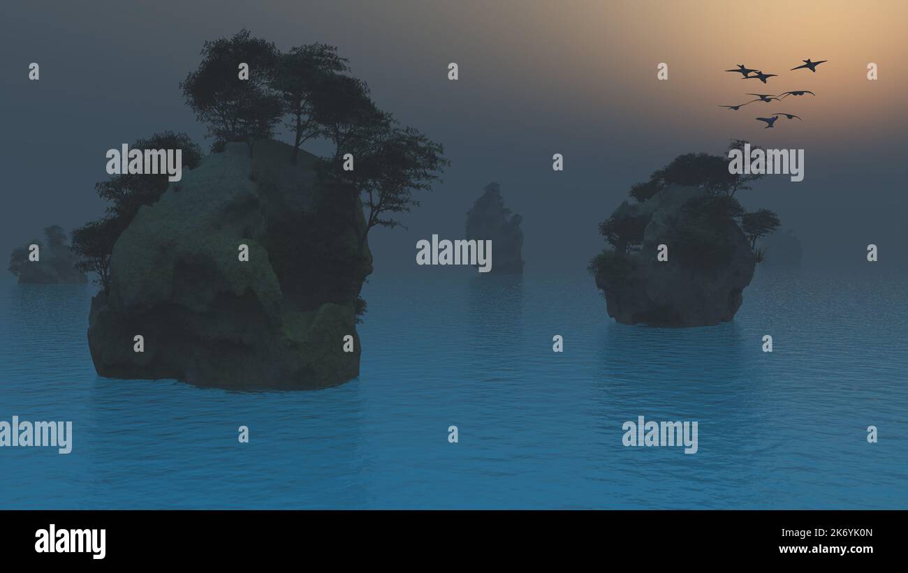 Islands in fog with birds. 3D rendering Stock Photo - Alamy