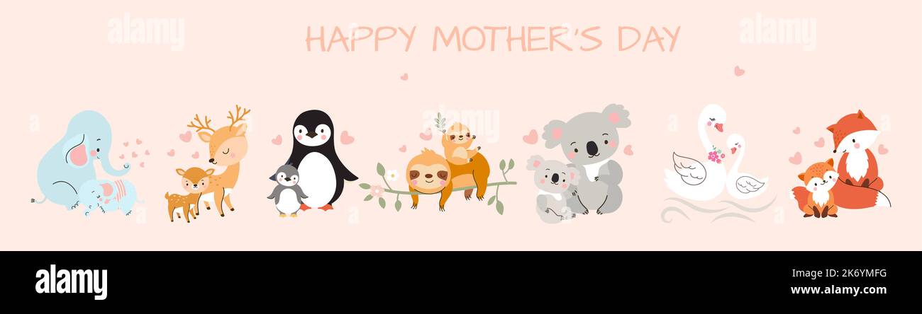 Mothers day banner with cartoon baby and mother animals. Wild pair ...