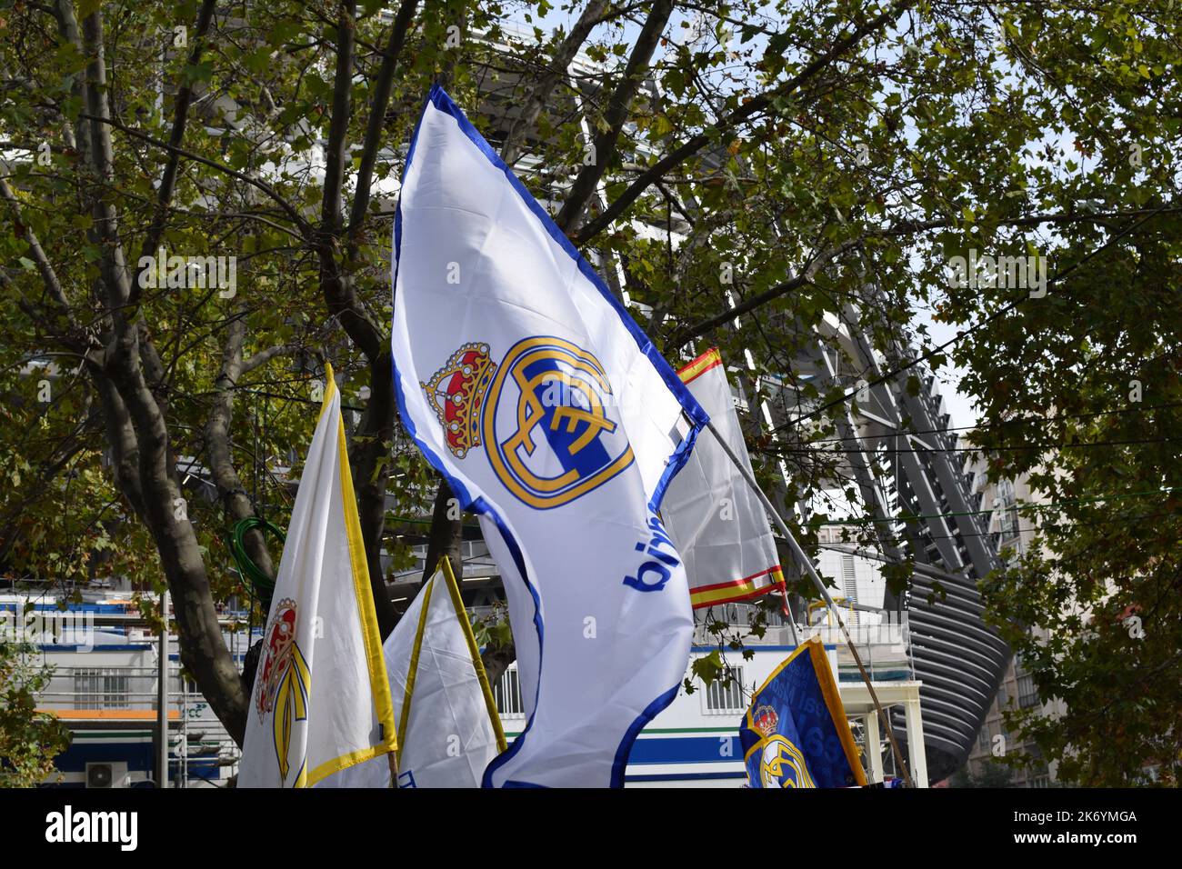 Real Madrid flag near Santiago Bernabeu stadium before El Clasico match ...