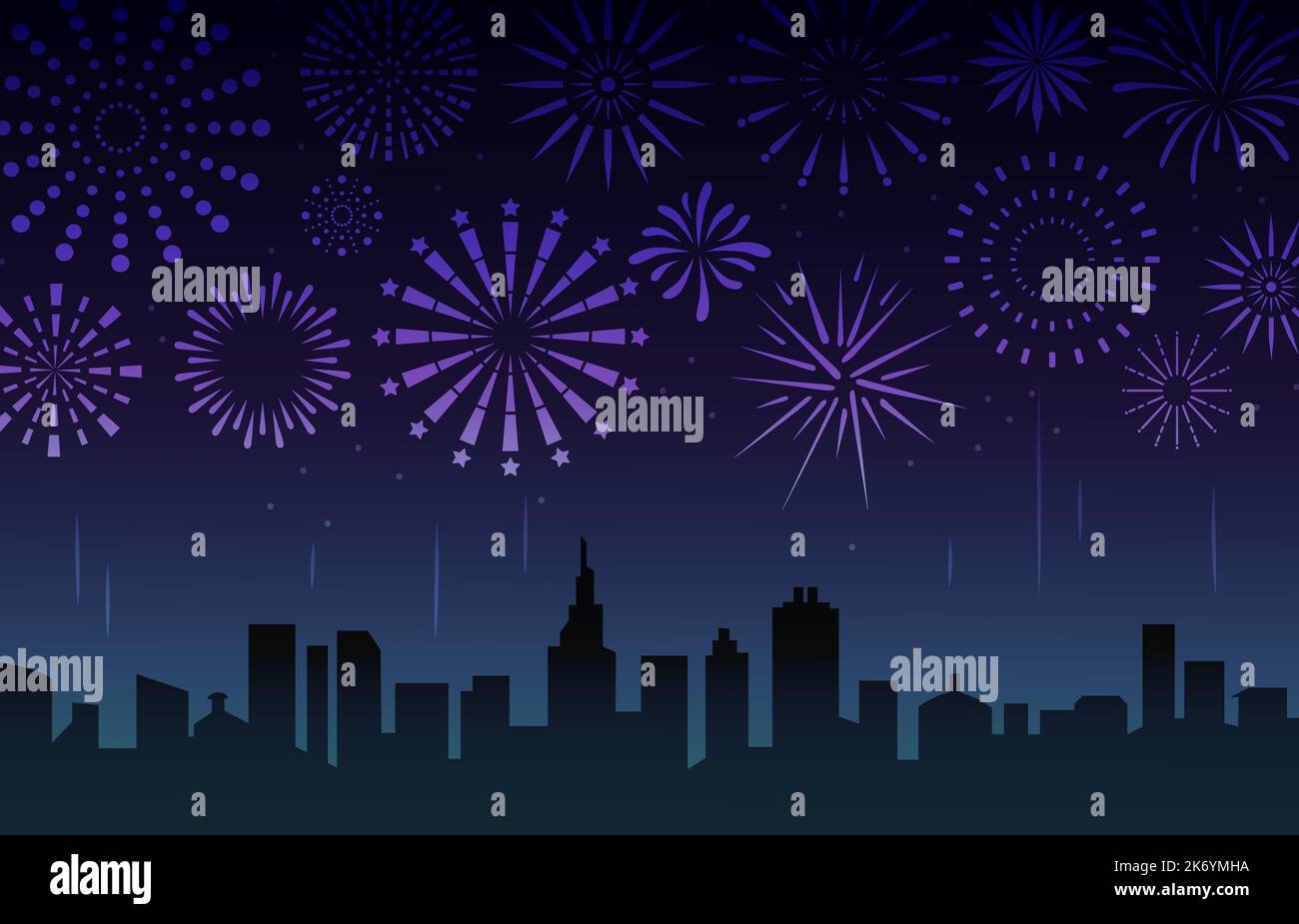 Night cityscape fireworks in dark sky. Fun city celebrating new year or ...