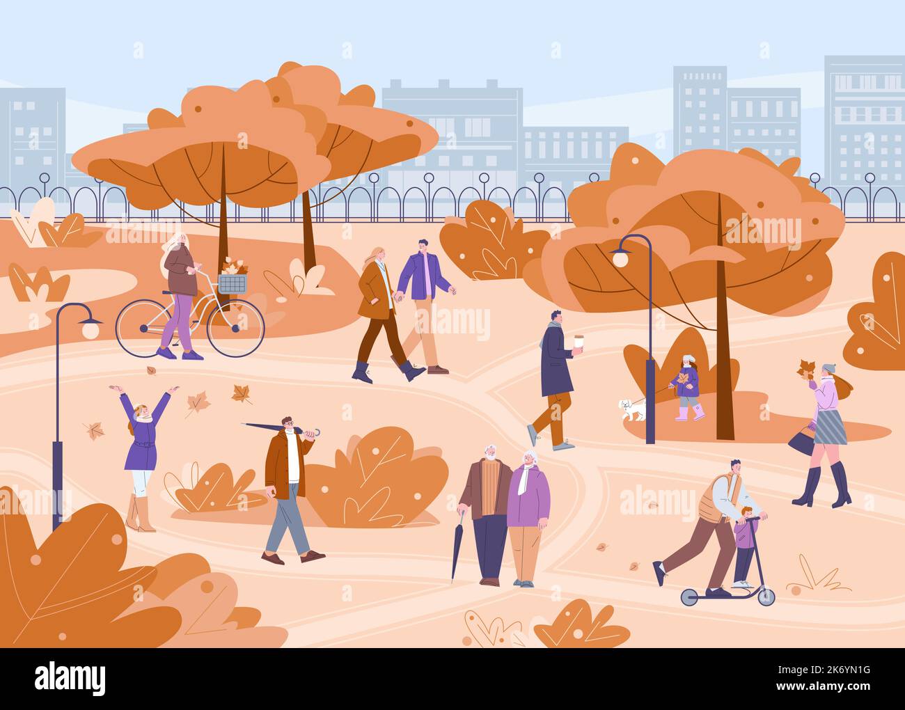 People crowd walking in city park. Autumn outdoor time, couple woman ...