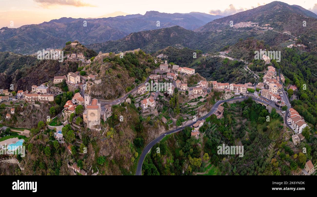 Savoca village in Sicily, Italy. Aerial view of Sicilian village Savoca ...