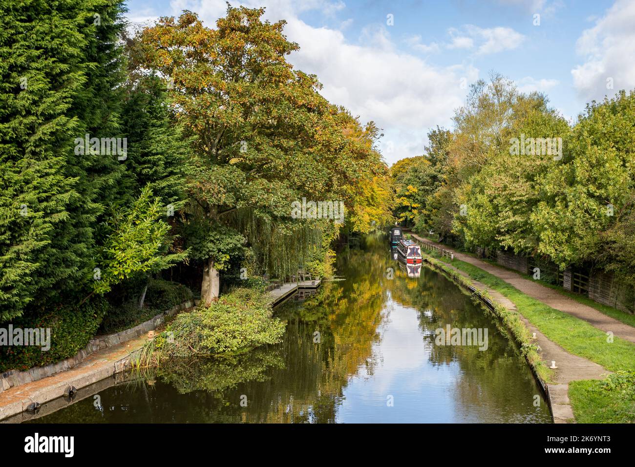 Narrow boats on the still water of the Rufford branch of the Leeds ...