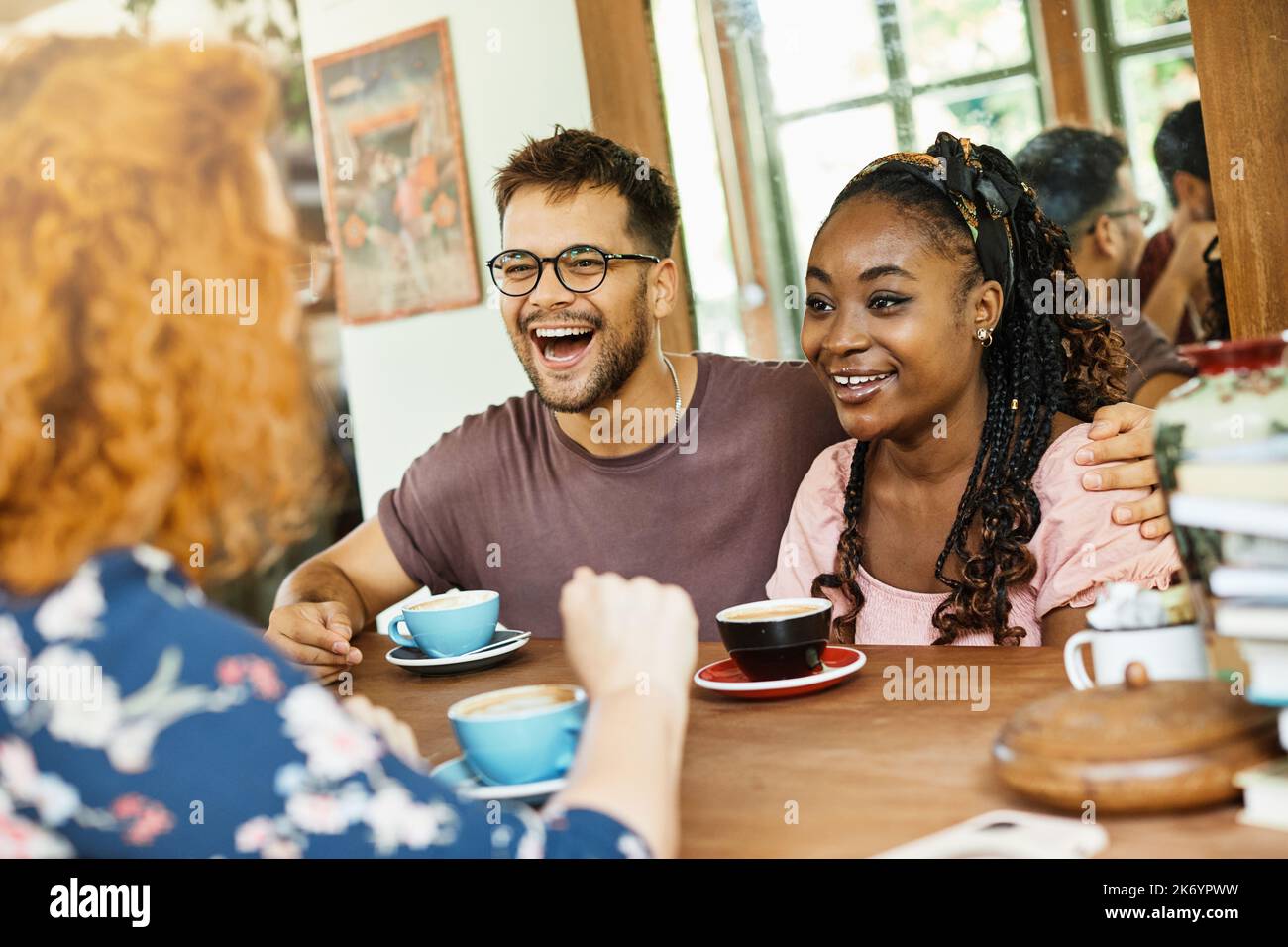 woman friendship fun friend cafe smiling lifestyle happy drink man ...