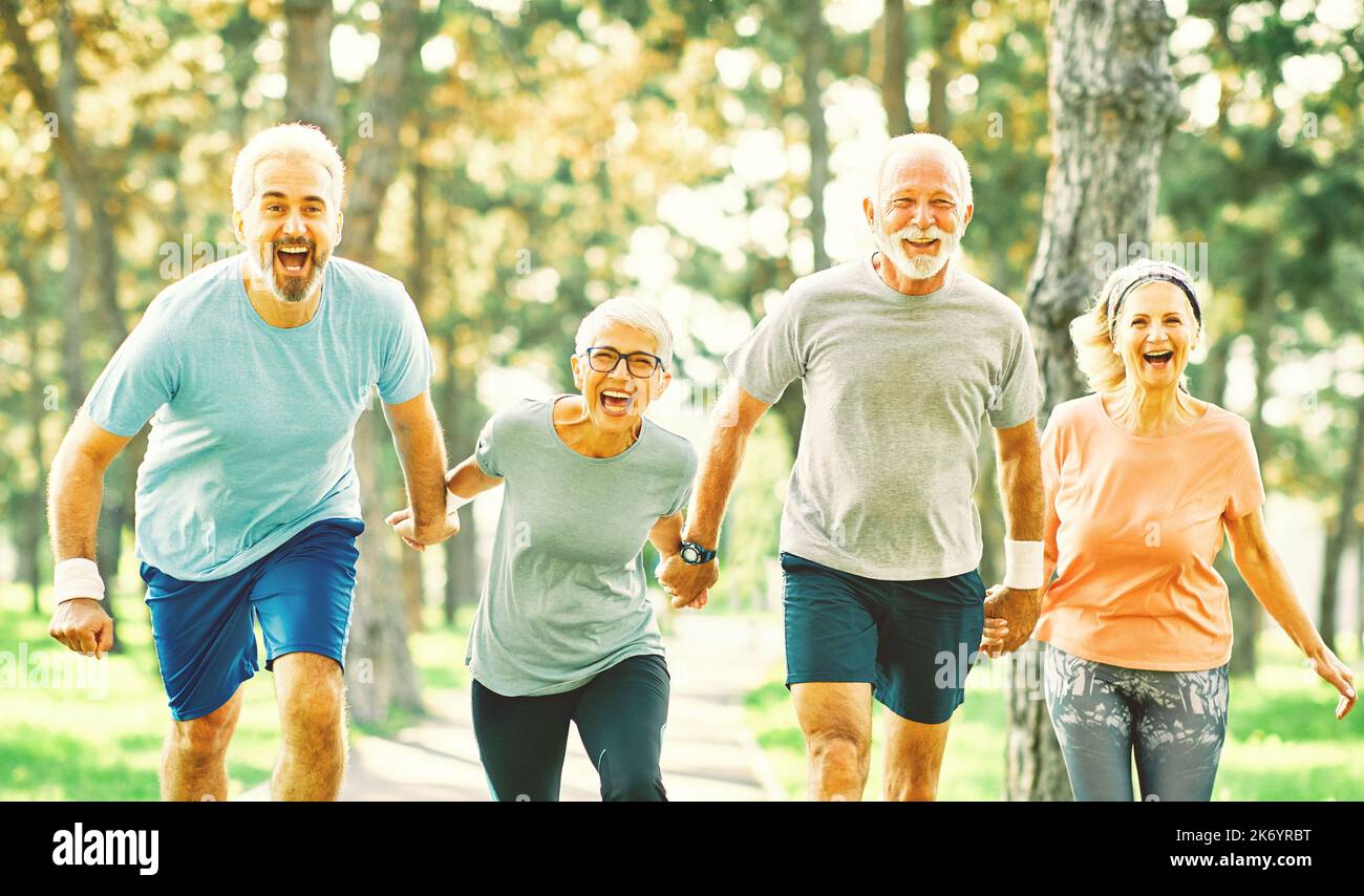 outdoor senior fitness woman man lifestyle active sport exercise ...