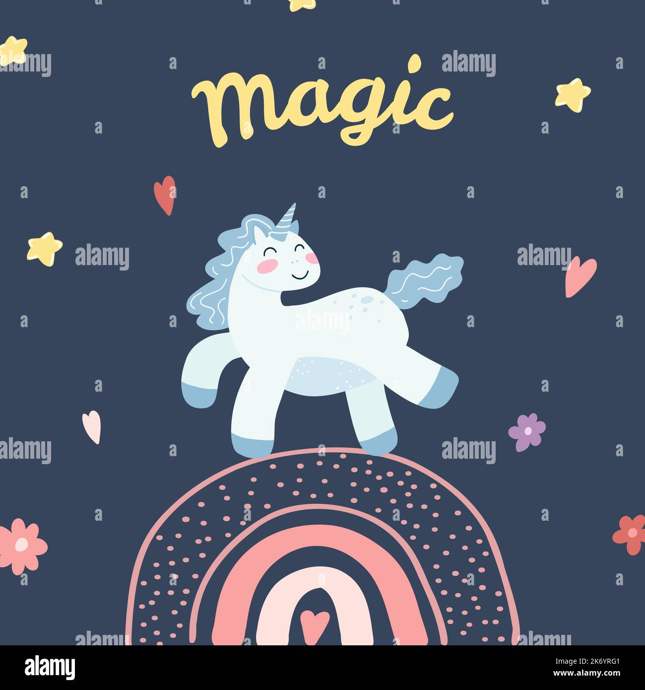 Cute unicorn, rainbow and stars in cartoon flat style. Vector ...