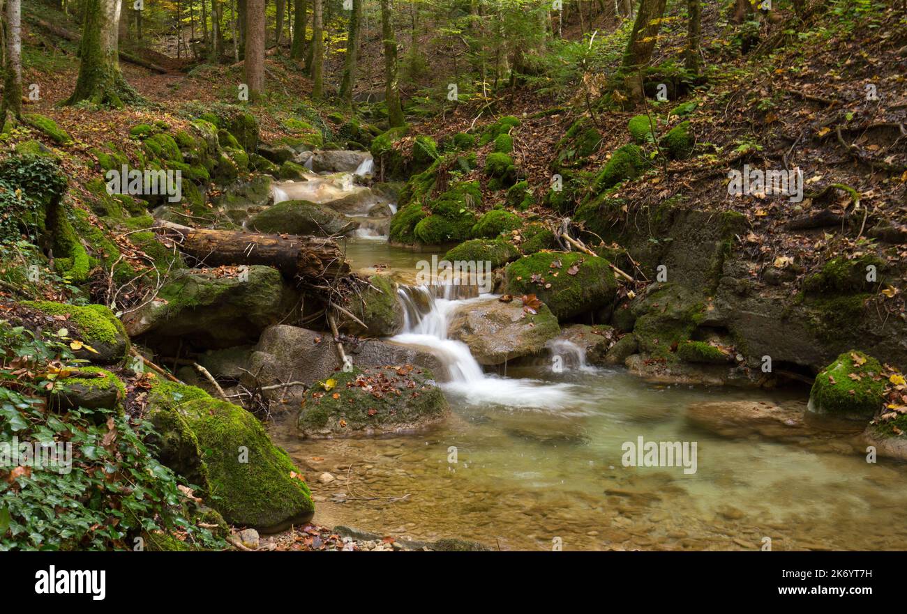Beautiful small river cascade in autumn in the wild and romantic ...