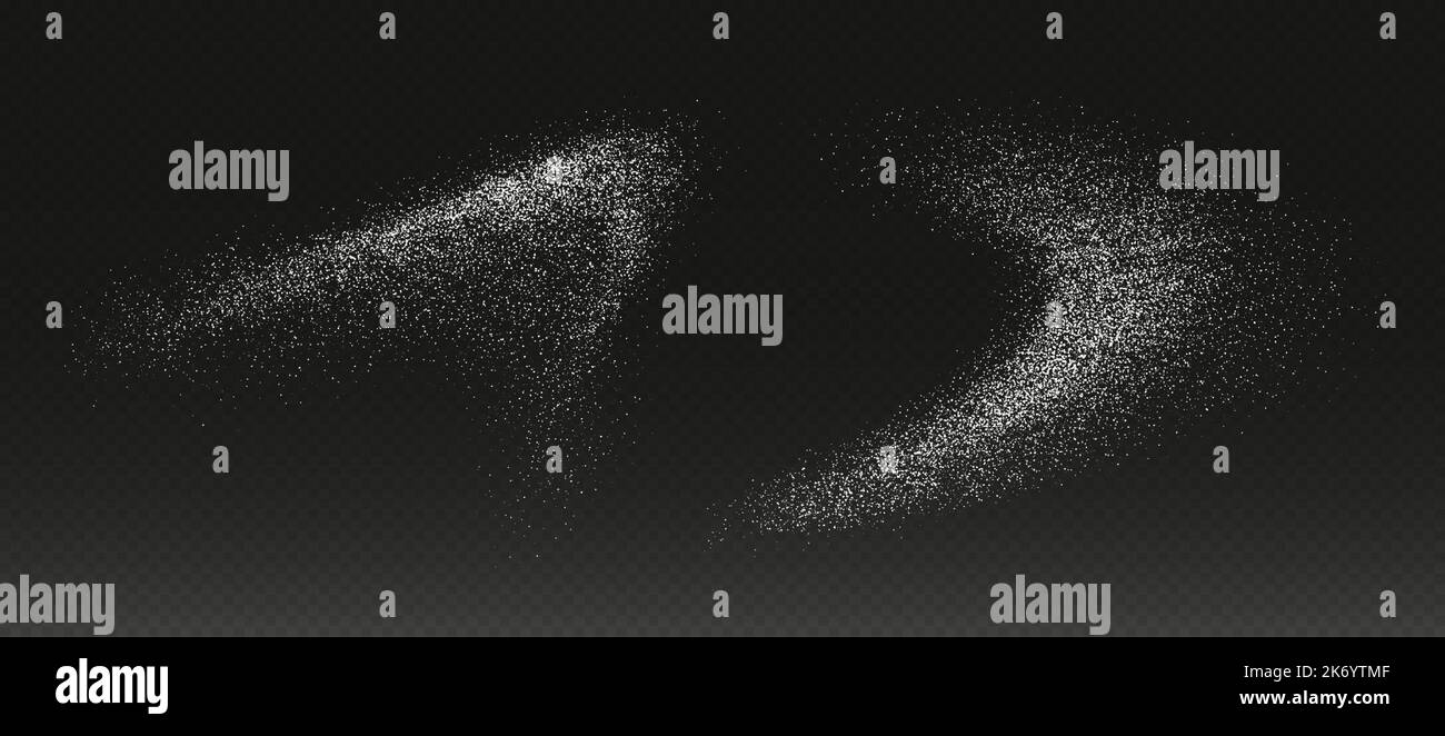 Sugar powder splash, flying salt, baking flour top view. White powder ...