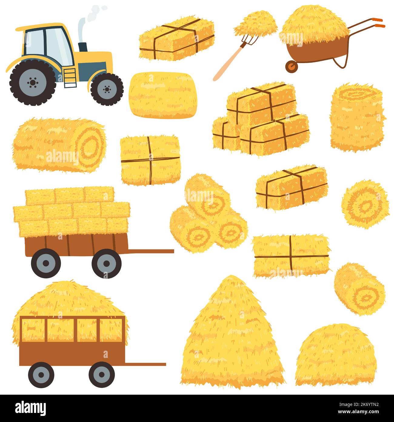 Tractor with agricultural haycock in the trailer, wheelbarrow in ...