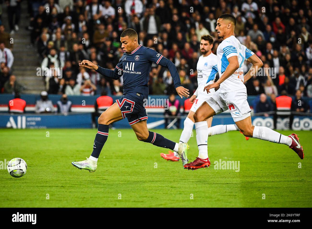 Kylian MBAPPE of PSG and William SALIBA of Marseille during the French ...