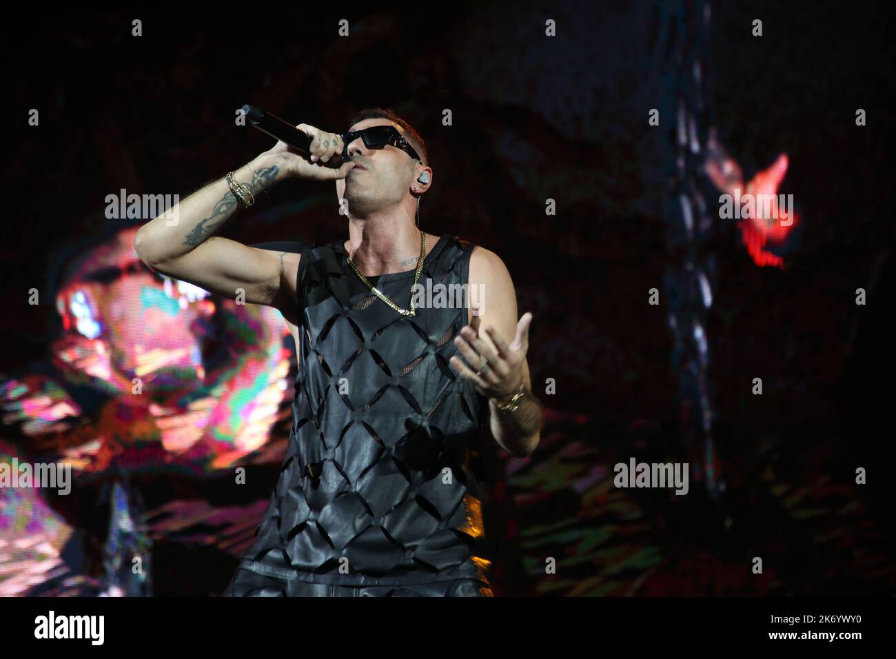 Italian rapper Marracash during “Persone” tour. Unipol Arena, Bologna ...