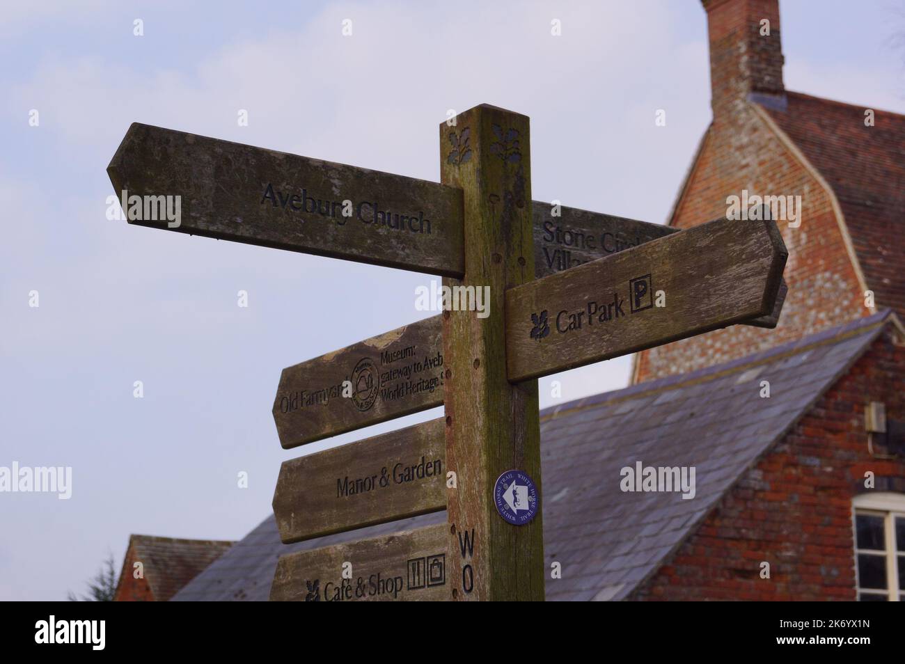 Avebury, Wiltshire (UK): a wooden signpost at Avebury World Heritage ...
